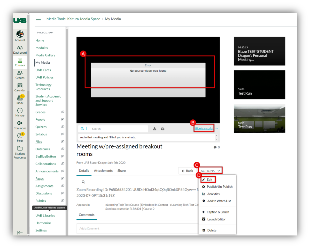 Kaltura Flavor Reinstatement - The Division of eLearning and Professional Studies